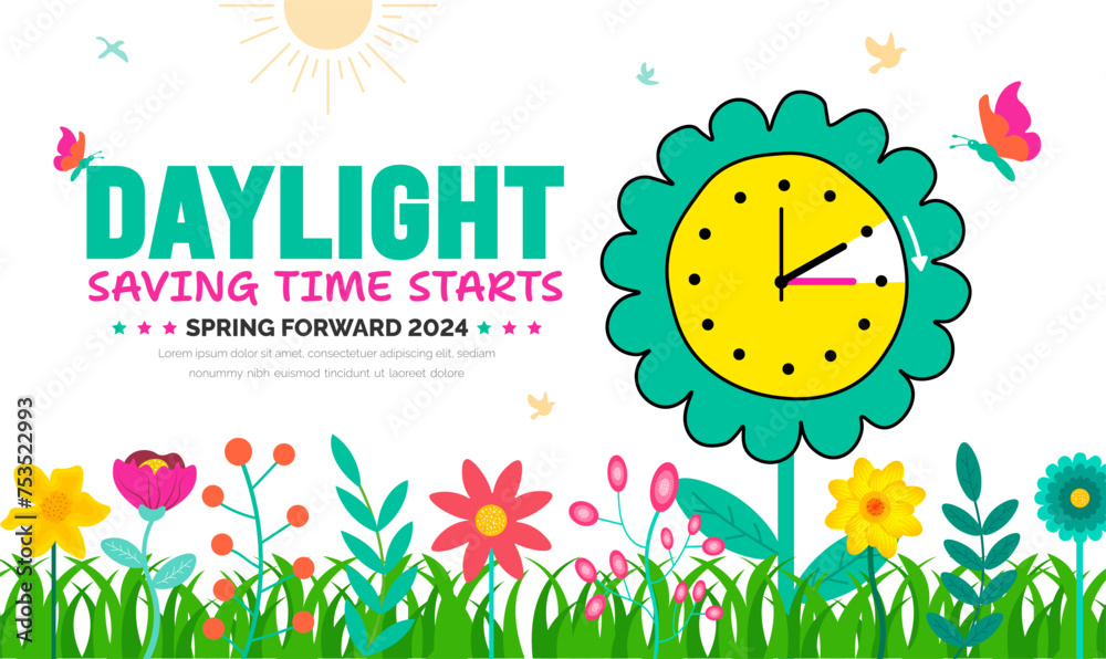 Spring Forward 2024 banner background with flower and grass. Daylight ...