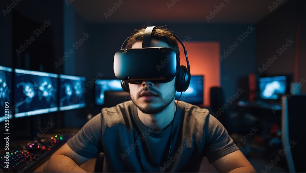male gamer wearing vision pro glasses in computer room. Stock Photo ...