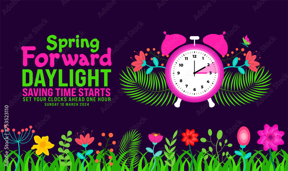 Spring Forward 2024 banner background with flower and grass. Daylight ...