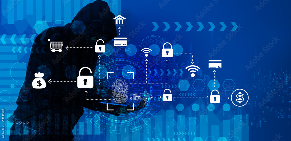 Cybersecurity vulnerability Log4J and hacker, coding, malware concept. Hooded computer hacker in ...