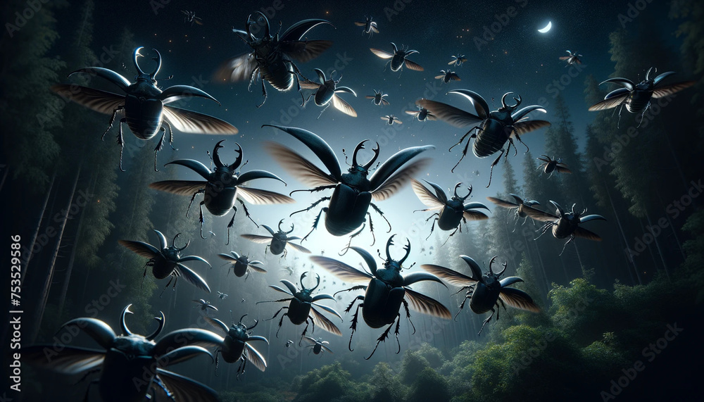 Create an image of black beetles with horns flying through the air ...