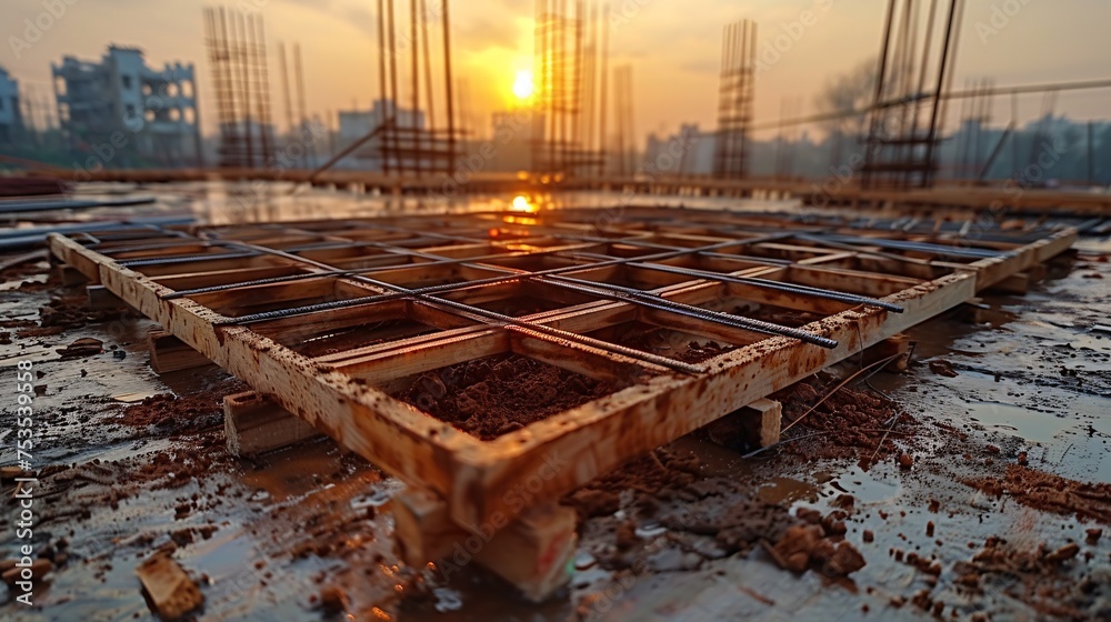 Constructing temporary wooden formwork for building foundation beam ...