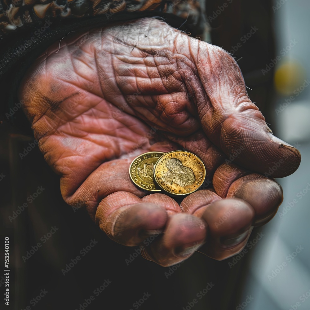 Hand holding old money coin man person. people poor woman finance ...