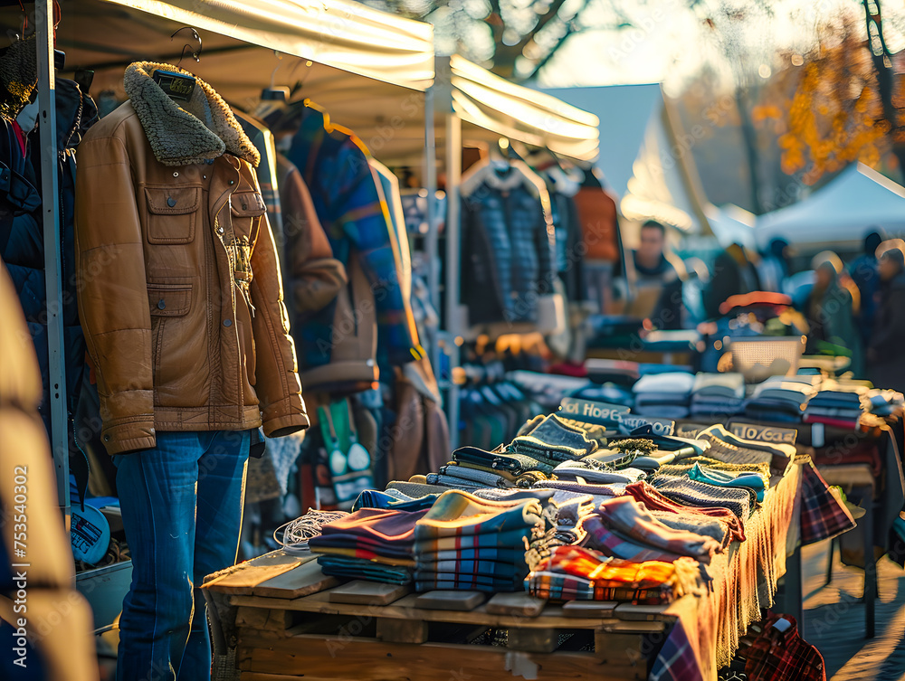 Stand de vêtements de seconde main sur une brocante, ou un vide ...