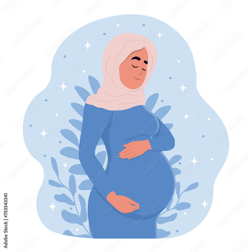 Beautiful pregnant Muslim woman hugs her belly. Healthy pregnancy ...