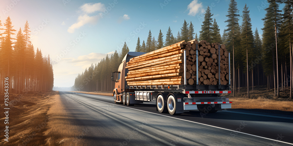 Industrial wood carrier truck transporting timber on a highway road ...