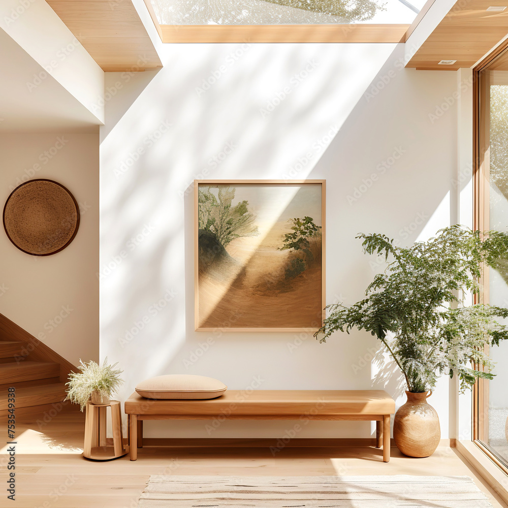 Wooden bench near white wall with poster frame. Scandinavian interior ...