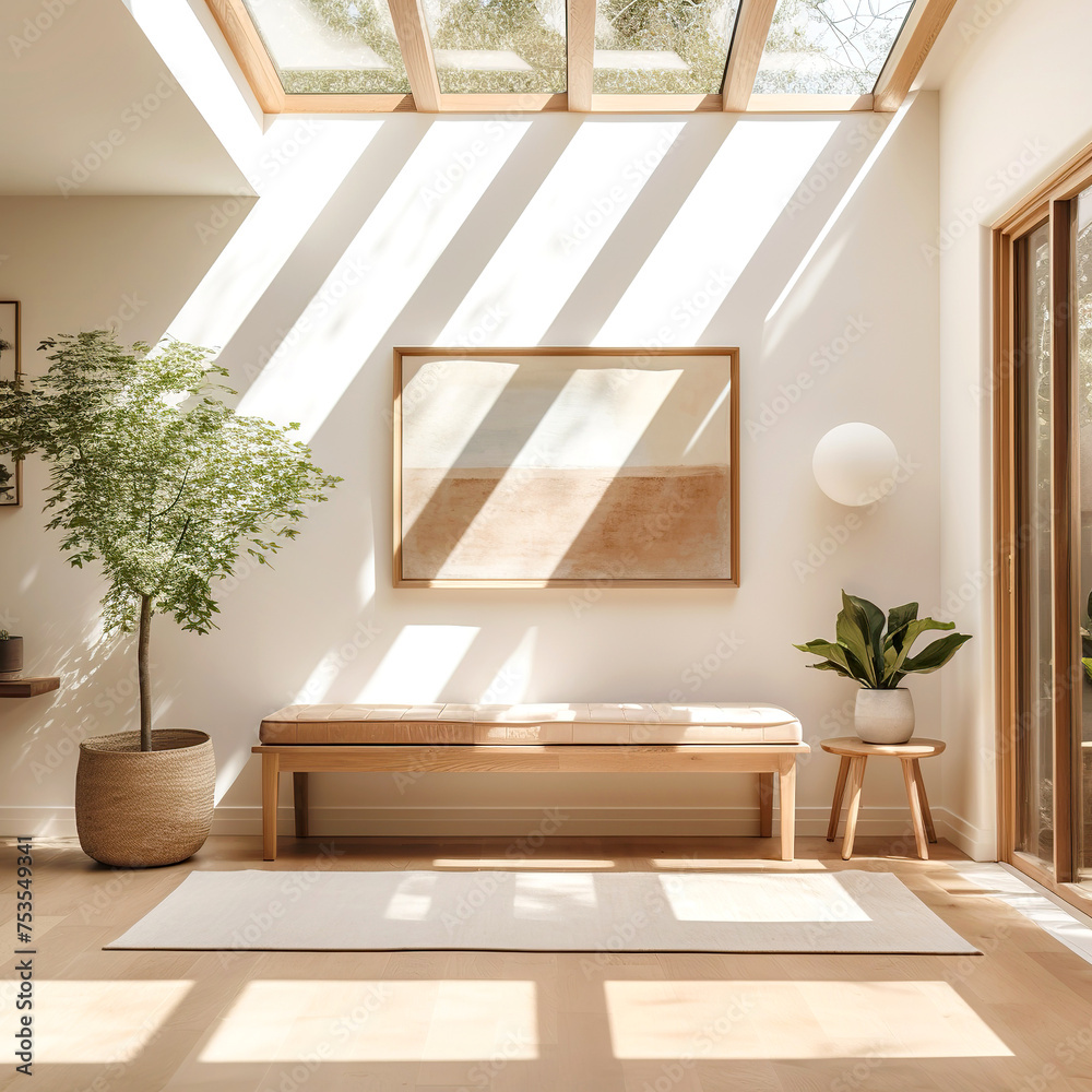 Wooden bench side table with pot with plant. Scandinavian interior ...