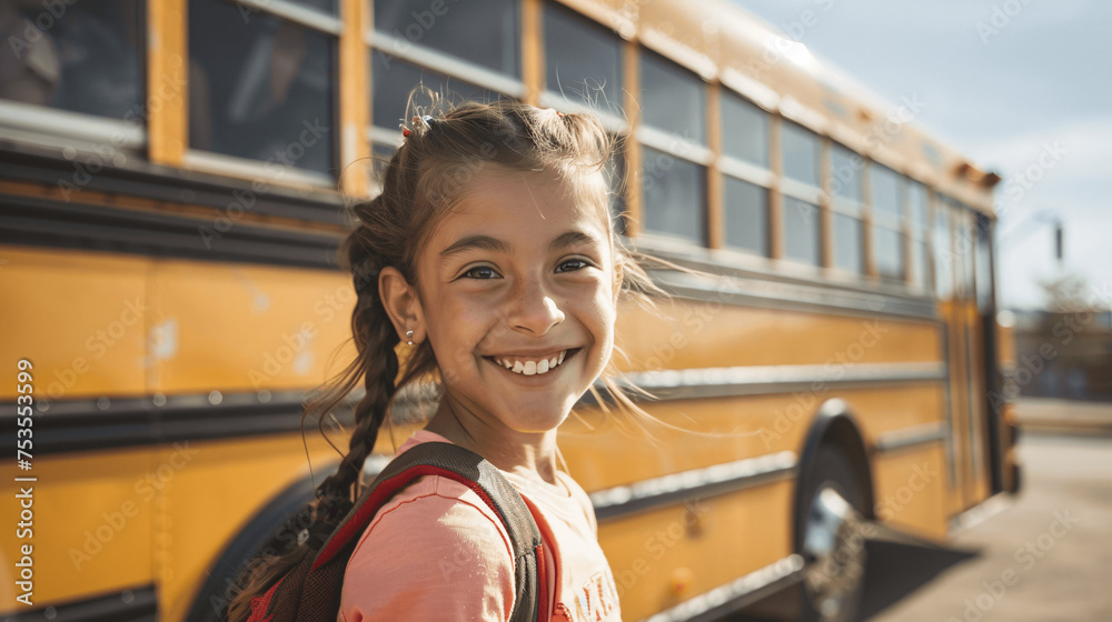 A young girl stands in front of a bus, smiling brightly with excitement, Smiling elementary ...