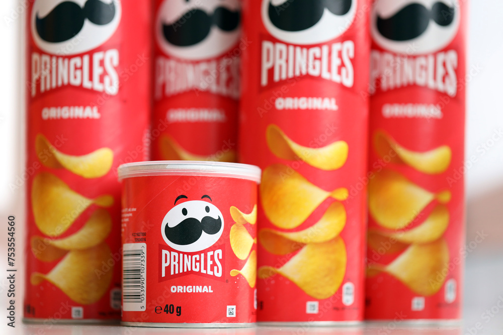 KYIV, UKRAINE - FEBRUARY 27, 2024 Pringles original potato chips on ...