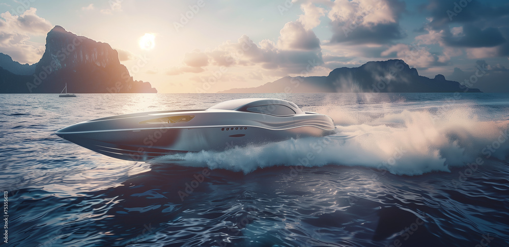 Futuristic Speedboat Gliding at Sunset. Conceptual 3D illustration of a ...