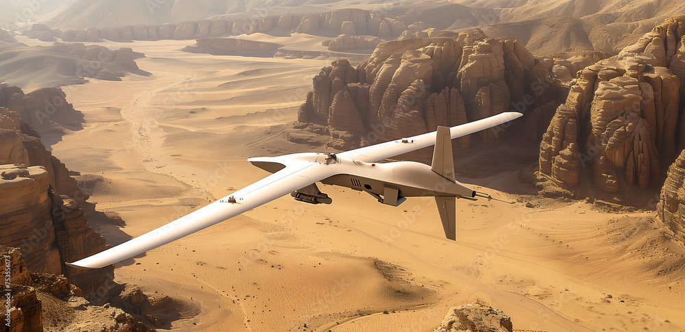 Unmanned Drone Over Desert Canyons. A high-resolution image capturing a ...