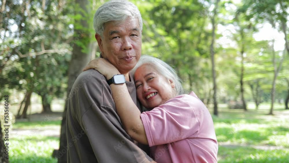 Elderly couple standing and hugging each other in the garden They smile ...