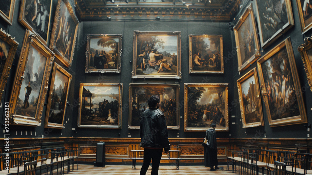 Visitor Contemplating Art in a Classic Museum Gallery Stock ...