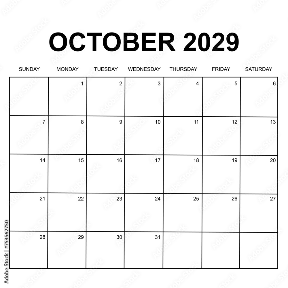 october 2029 calendar. week starts on sunday. printable, simple, and ...