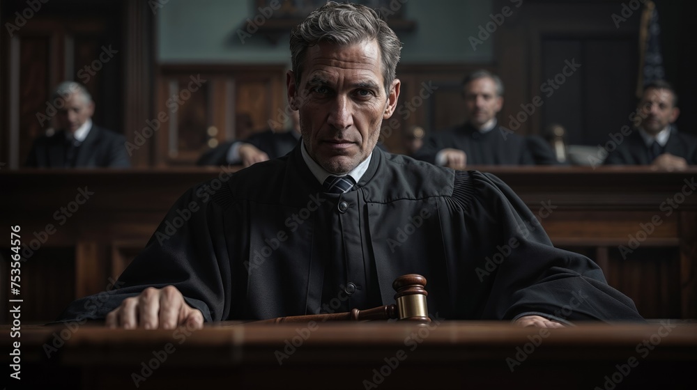 Serious male judge in a courtroom setting with a gavel, ready to ...