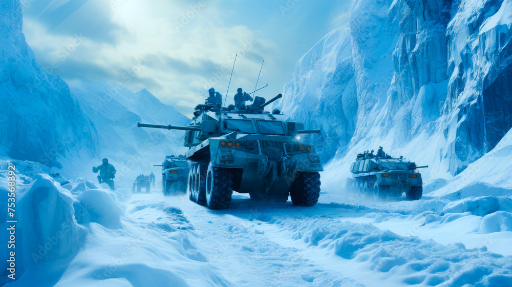 Arctic war zone with large-scale combat operations amidst the icy ...