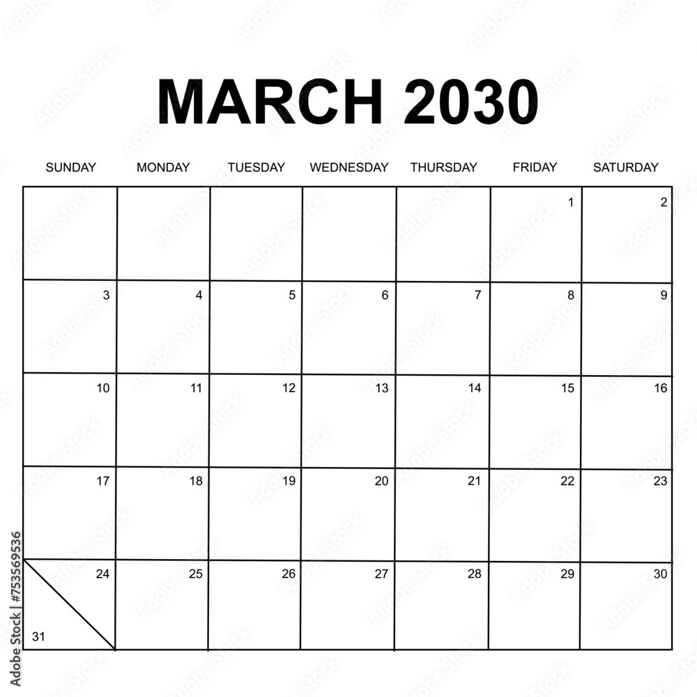 march 2030 calendar. week start on sunday. printable, simple, and clean ...