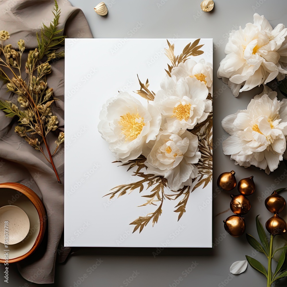 Message with peonies. White blank A4 paper sheet mockup and white ...