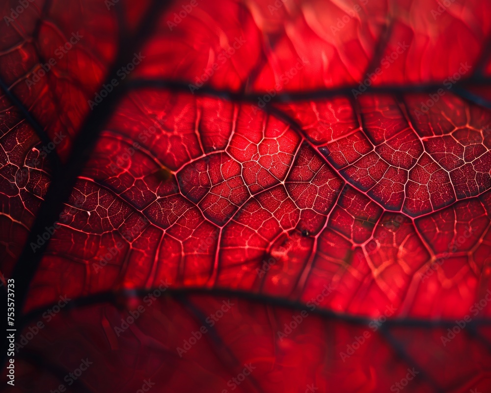 Blood vessels in a leaf shown in a cinematic macro shot illustrating ...