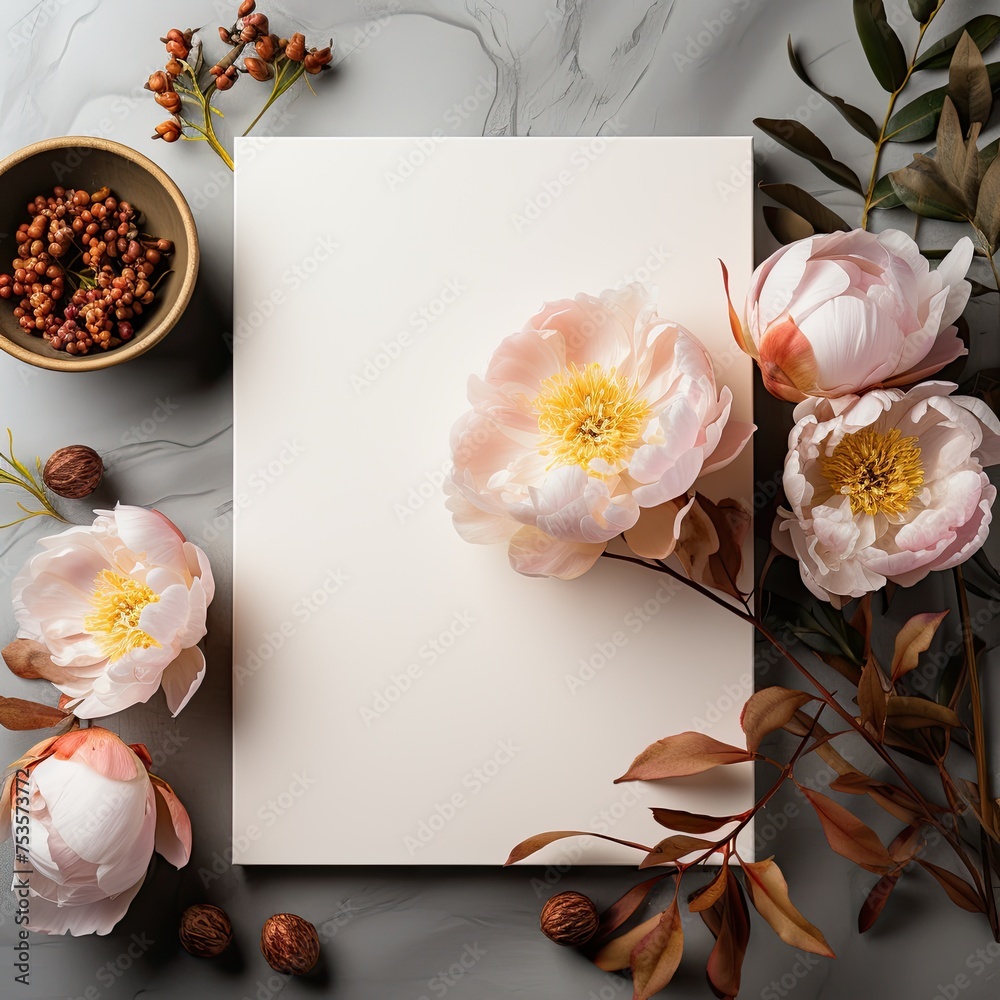 Message with peonies. White blank A4 paper sheet mockup and pink ...