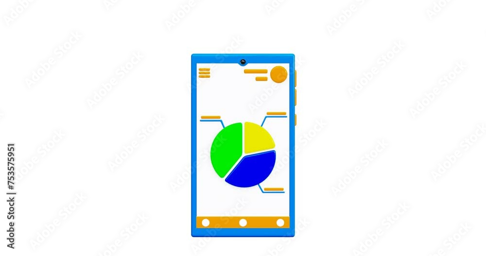 3D animation. Mobile phone icon with infographics on display. Phone of ...