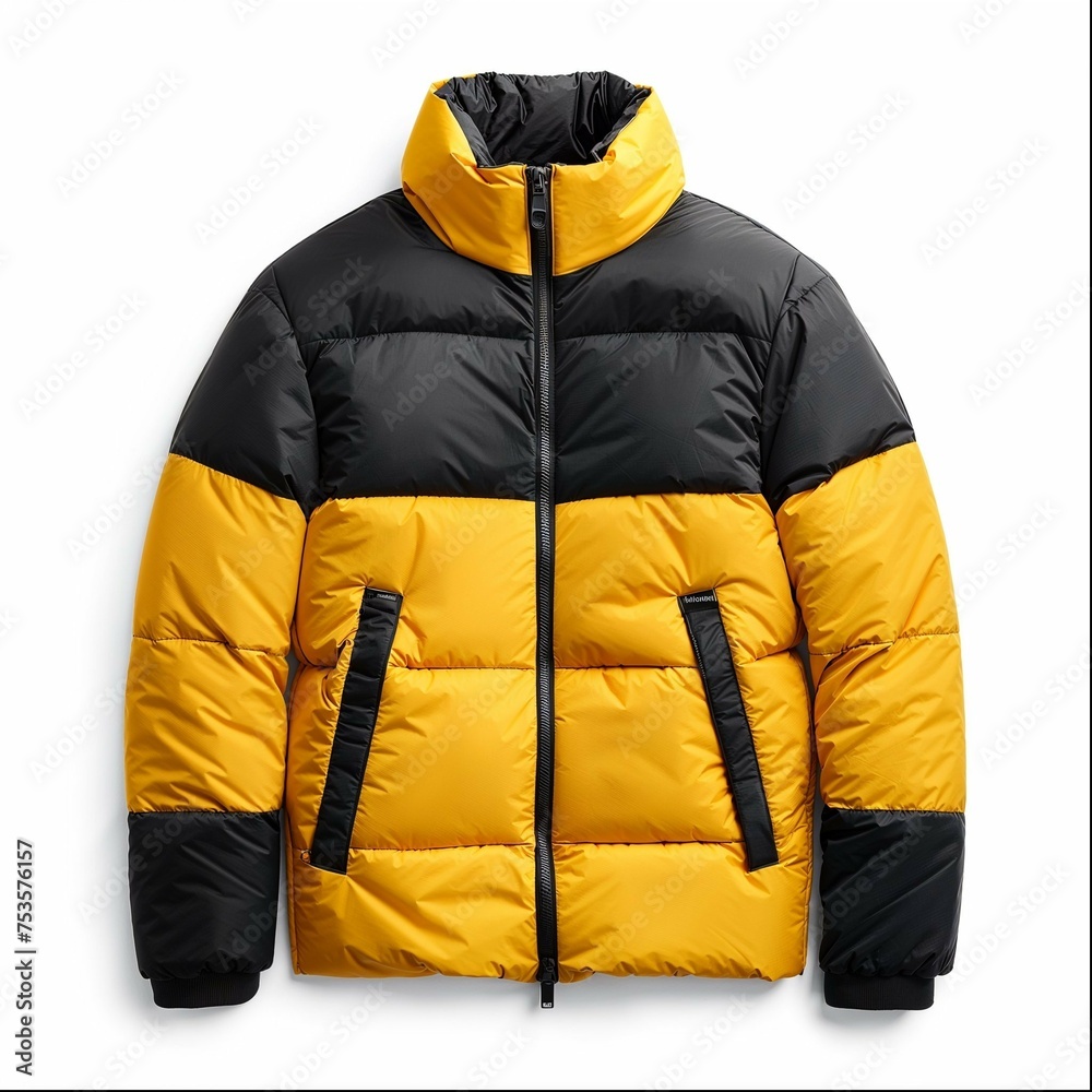 A puffy jacket with yellow and black color blocks, the front of which ...