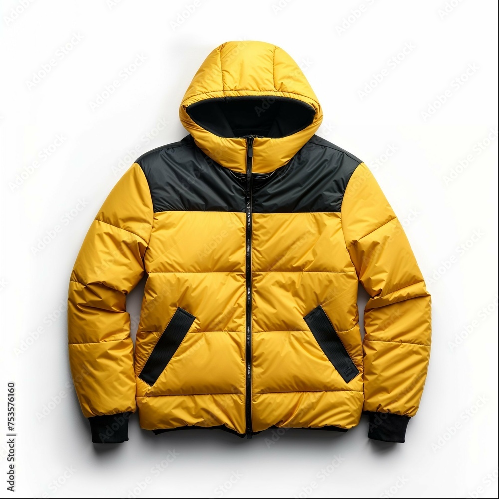 A puffy jacket with yellow and black color blocks, the front of which ...