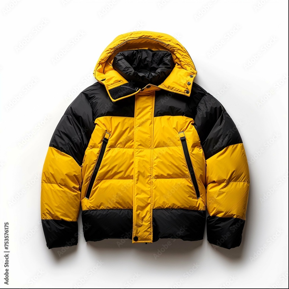 A puffy jacket with yellow and black color blocks, the front of which ...