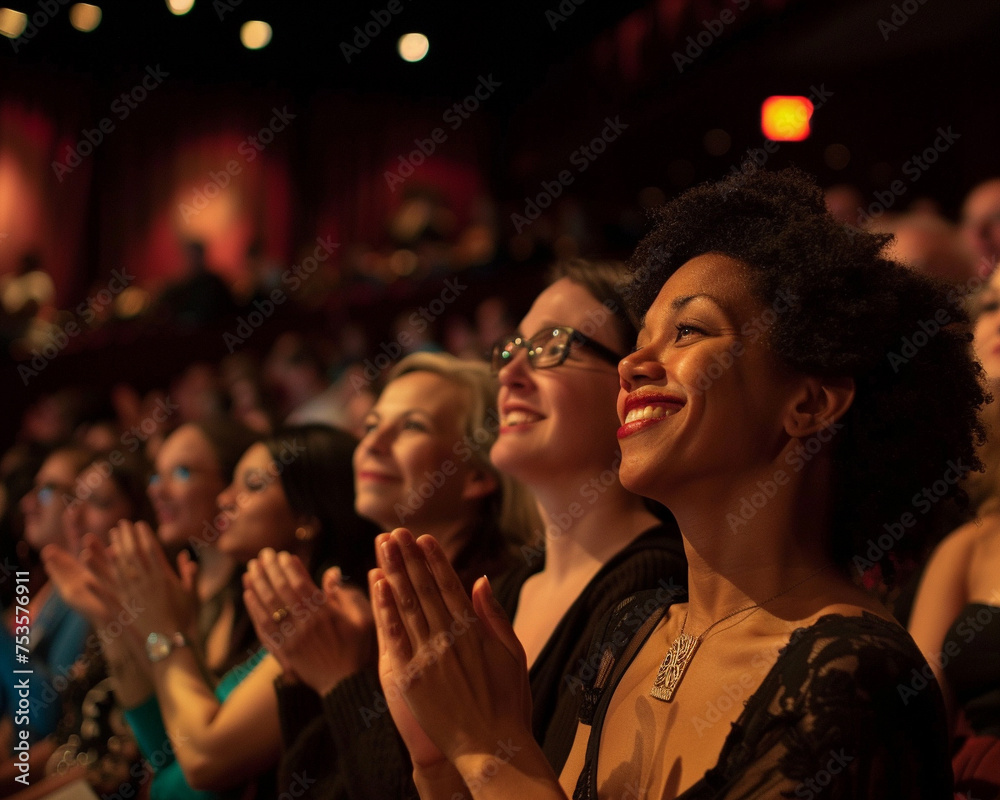 Captivated audience in standing ovation theater aglow with excitement ...