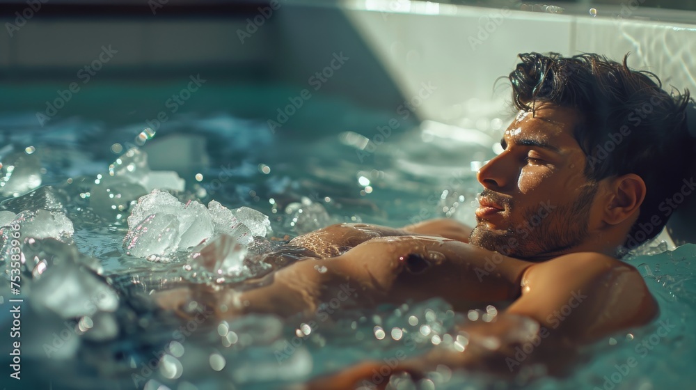 Cold therapy concept. Man bathing in cold water among ice cubes. Boost ...