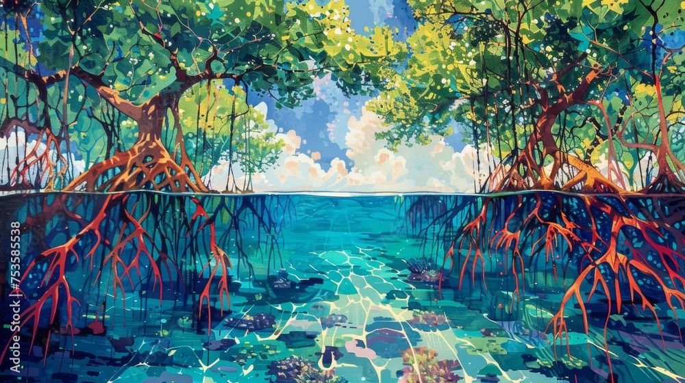 This artwork captures the vivid colors and intricate root systems of a ...