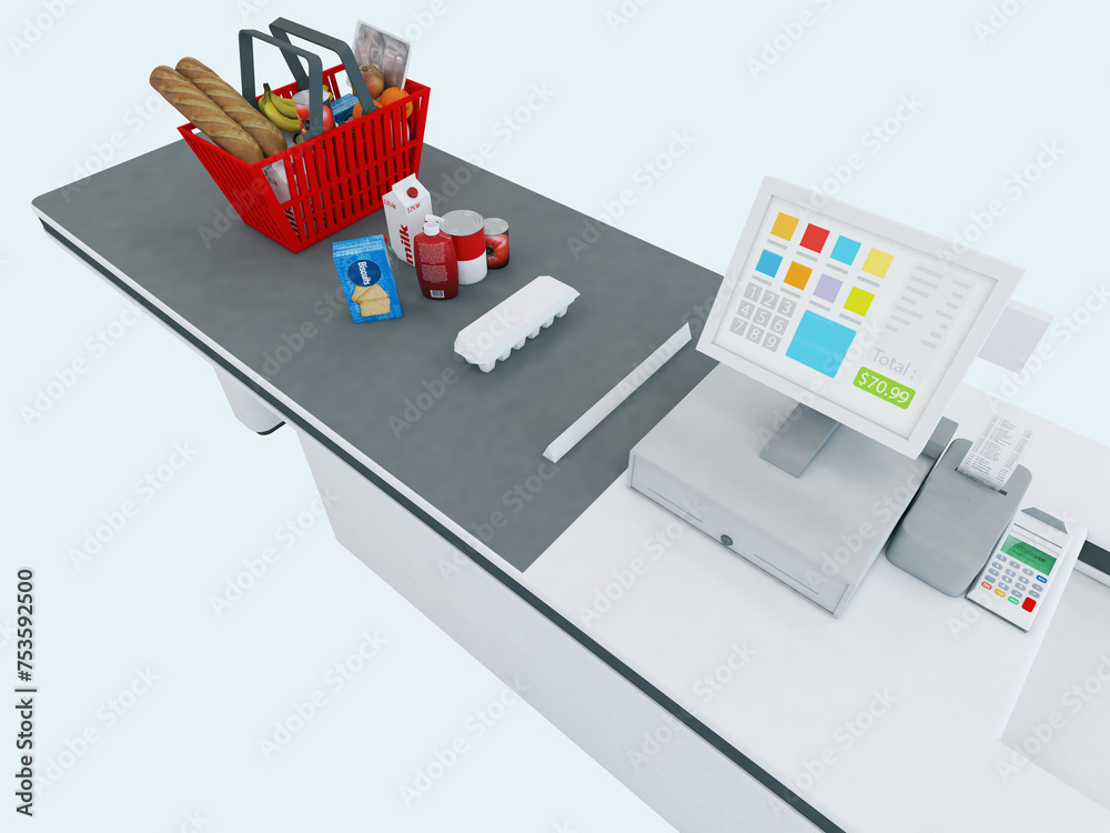 The cashier checkout counter of a supermarket includes a POS card ...