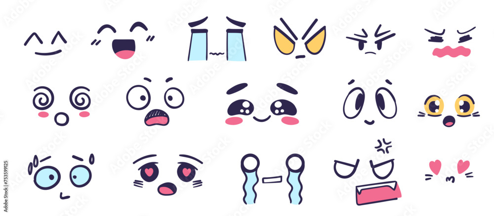 Set of hand-drawn cartoon anime expressions and doodle signs, arrows ...