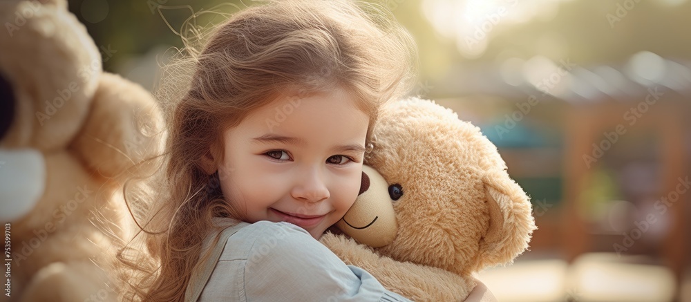 Embracing Comfort: Sweet Moment of Child Cuddling Soft Teddy Bear Toy ...