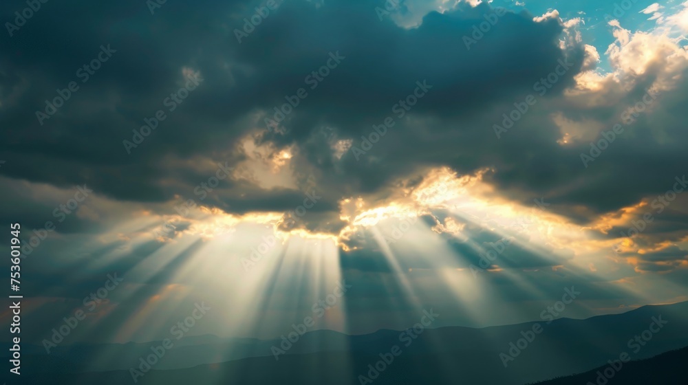 Rays of light shining through dark clouds It's gonna rain, dramatic sky ...