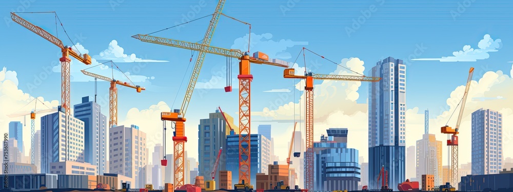 landscape of building skyscrapers using cranes. Cartoon illustration ...