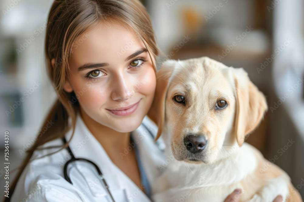 Dog with Veterinarian. Young female veterinarian warmly embraces a ...