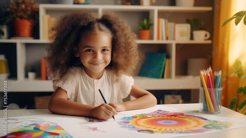 Niña pequeña pintando un dibujo, lapiceros de colores, sonriendo a ...