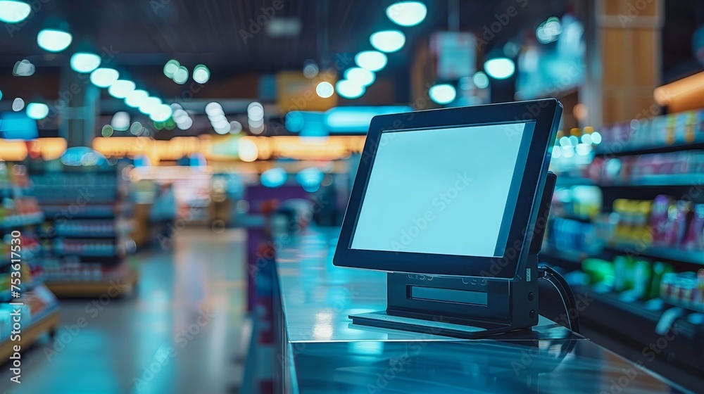 Digital display screen on a supermarket checkout counter with blurred ...