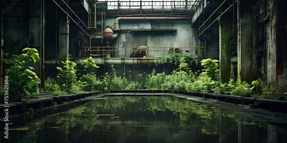 Old ruined factory nature reflection on broken glass tranquil ancient ...