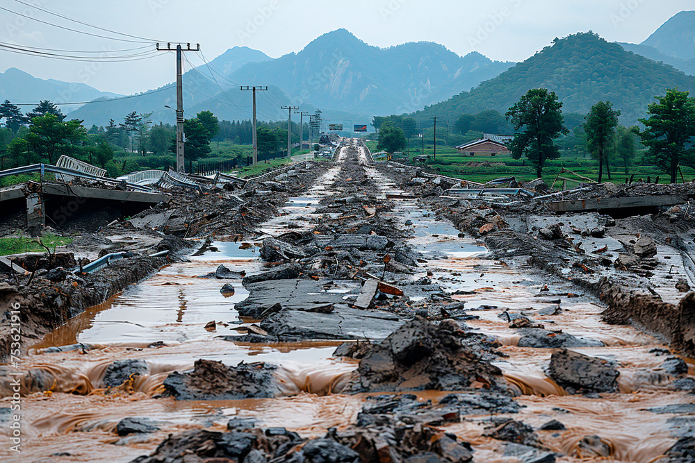 Collapsed bridges, roads and damaged infrastructure strewn across a ...