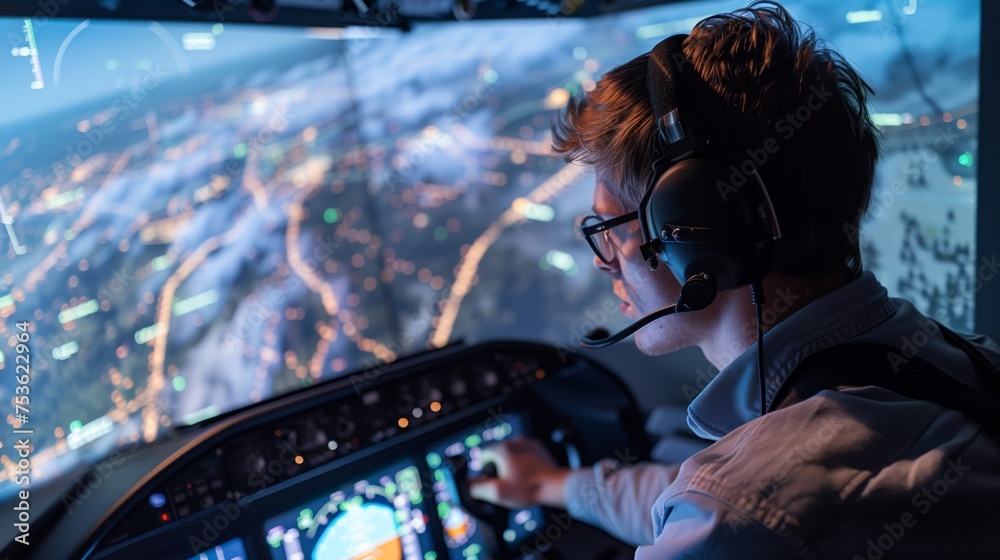 Trainee pilot practices nighttime flying in a high-fidelity flight ...