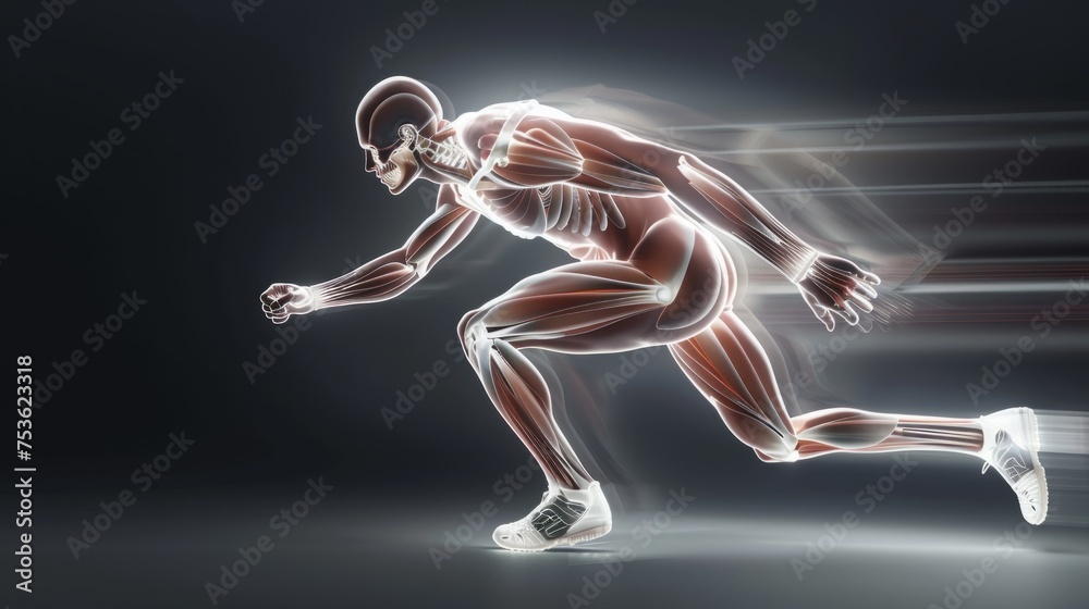 Anatomical illustration of a runner in motion with muscles visible ...
