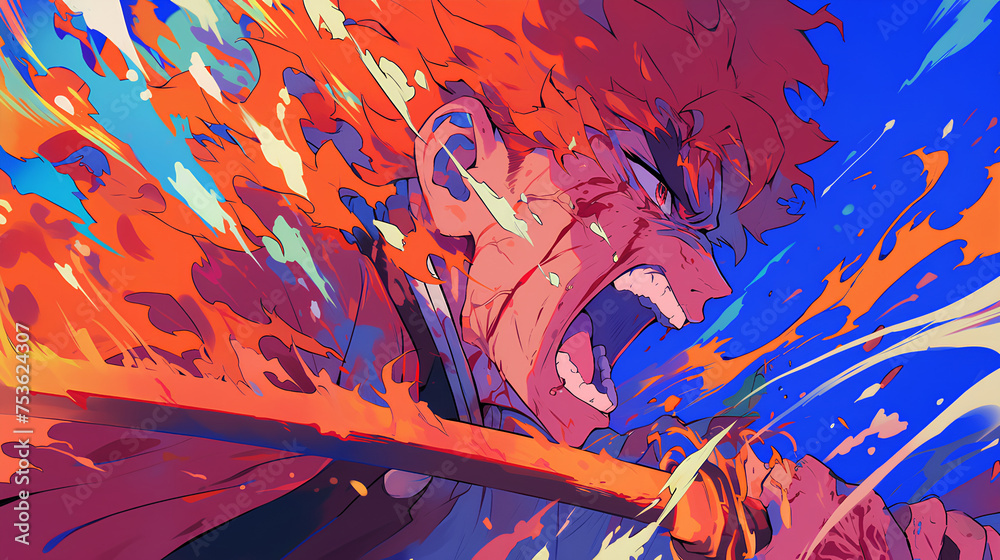 angry flame haired anime man screaming while holding katana Stock ...