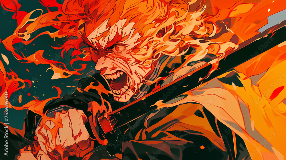 angry flame haired anime man screaming while holding katana Stock ...