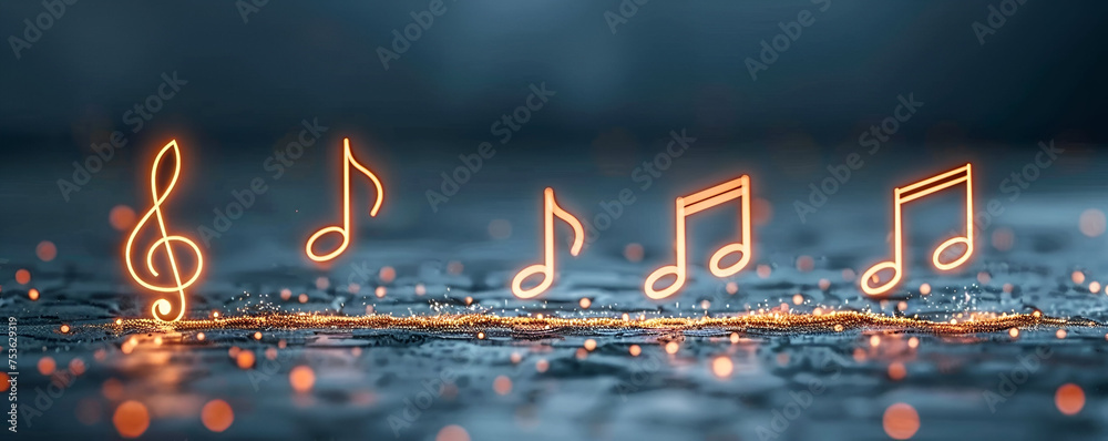 Glowing musical notes on a shimmering surface, symbolizing digital ...