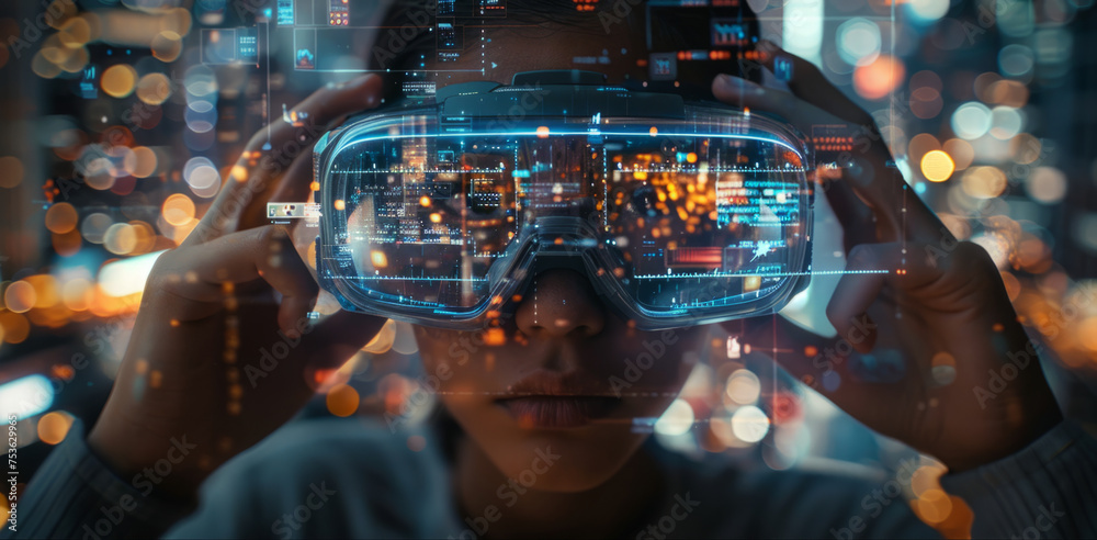 Close-up of a person wearing virtual reality goggles with a futuristic ...