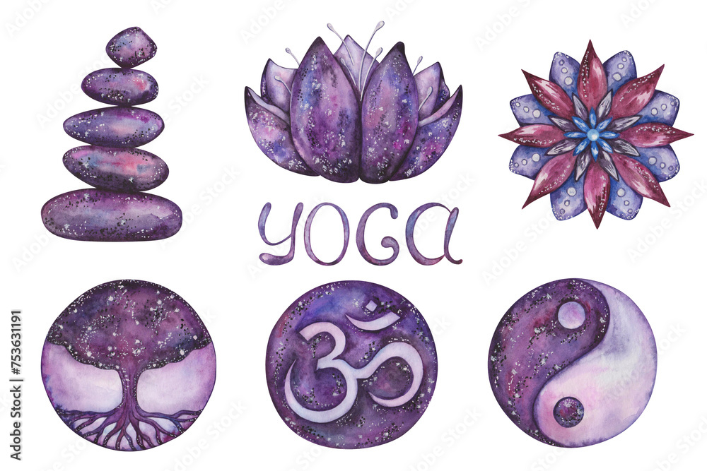 Watercolor set of illustration. Hand painted yoga symbols in purple ...