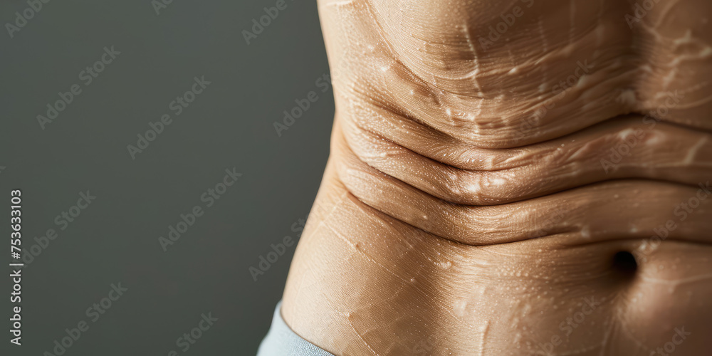 Sagging abdominal skin after weight loss. Close-up of abdomen with Fat ...